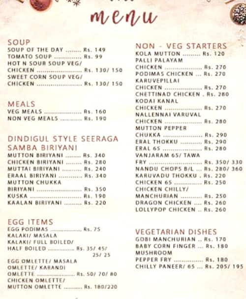 Menu of Seeragam, Mylapore, Chennai