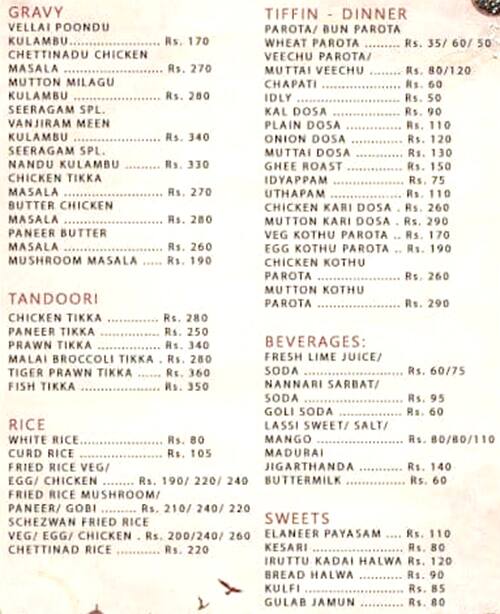 Menu at Seeragam, Chennai