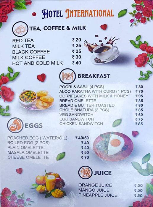 Menu of Hotel International, Medinipur Locality, Kharagpur
