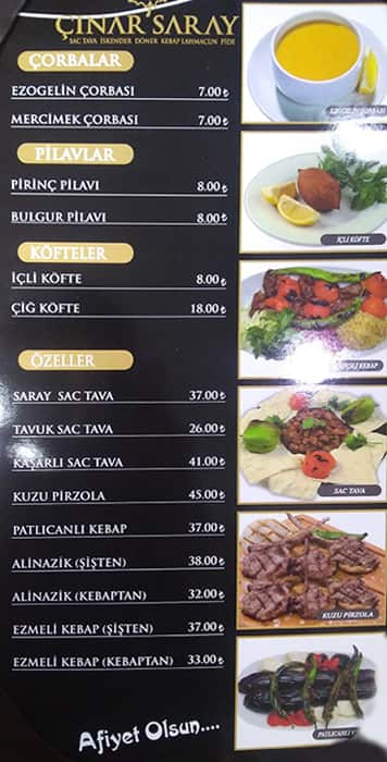Menu at Çınar Saray, Istanbul