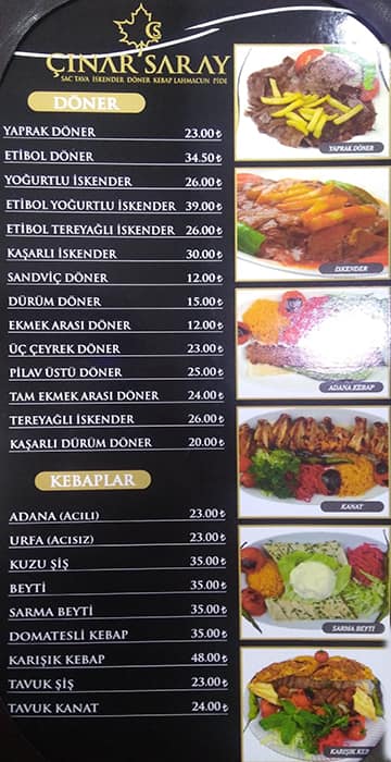 Menu at Çınar Saray, Istanbul