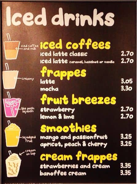 Menu at Puccino's cafe, London, Station Approach