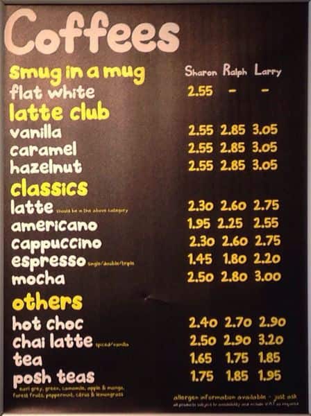 Menu at Puccino's cafe, London, Station Approach