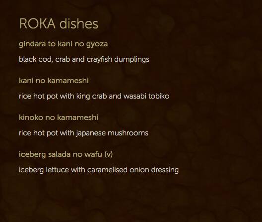 Menu at Roka restaurant, London, 50-51 Berwick Street