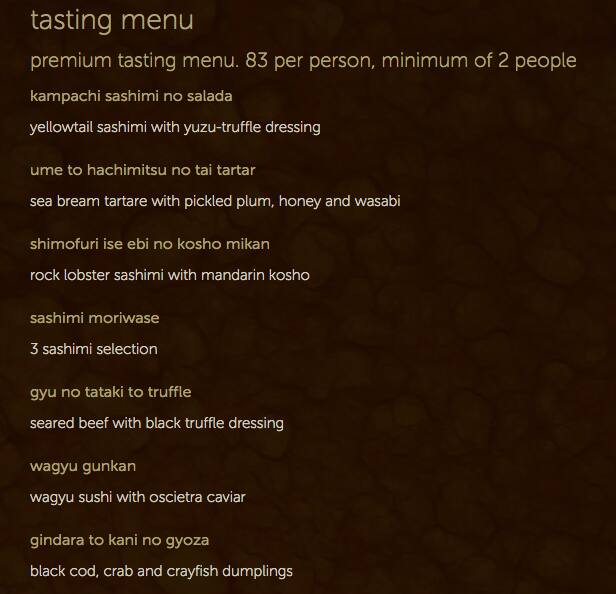 Menu at Roka restaurant, London, 50-51 Berwick Street