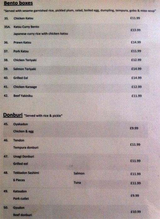 Menu at Sushi-So restaurant, London, 339 Euston Road