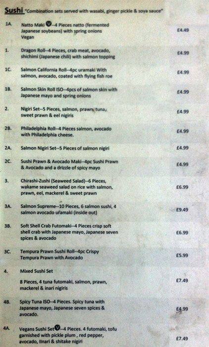 Menu at Sushi-So restaurant, London, 339 Euston Road