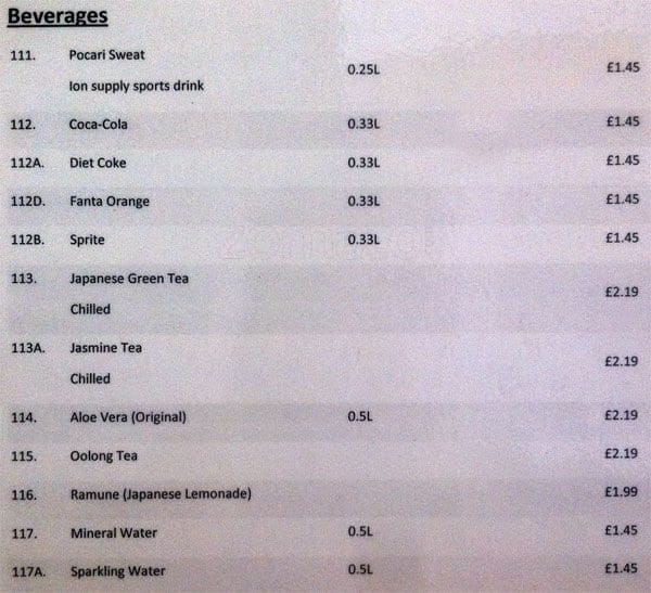 Menu at Sushi-So restaurant, London, 339 Euston Road