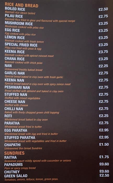 Menu at Curry Nights restaurant, London, 58 Chamberlayne Rd