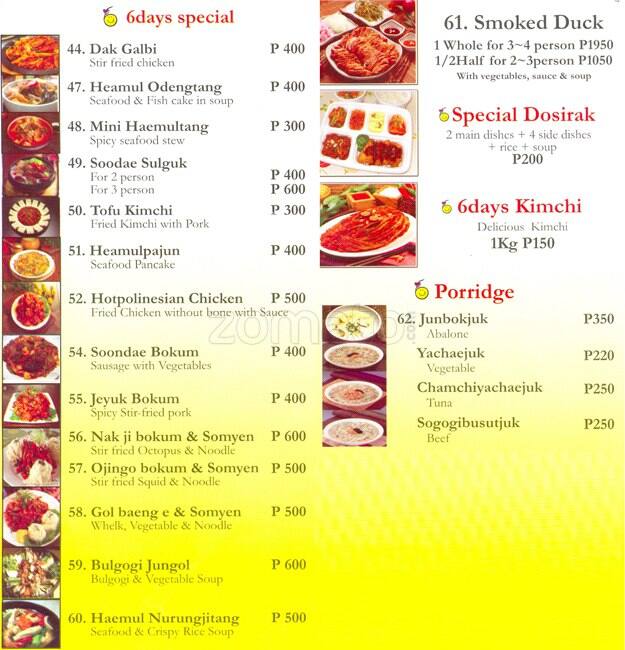 Menu at Happy 6 Days restaurant, Pasig
