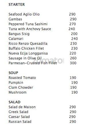Menu at Ricco Renzo restaurant, Makati