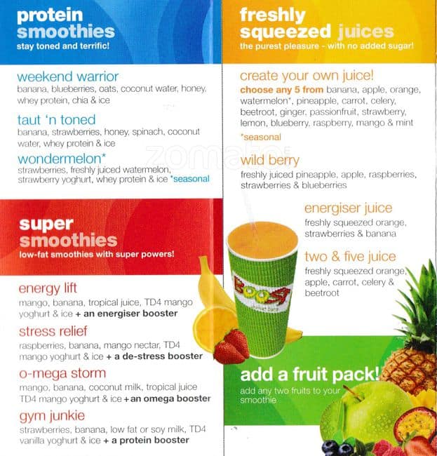 Menu at Boost Juice, Cape Town, Food Court
