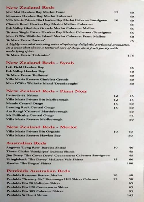 Menu at Tony's Lord Nelson steakhouse, Auckland, 37 Victoria St W