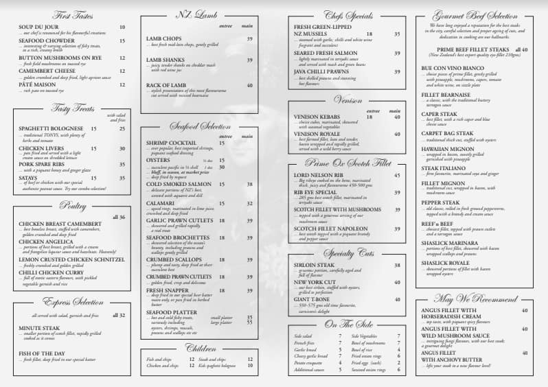 Menu at Tony's Lord Nelson Restaurant, Auckland, 37 Victoria St W