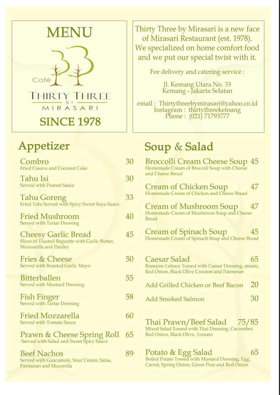 Menu at Thirty Three By Mirasari Restaurant, South Jakarta
