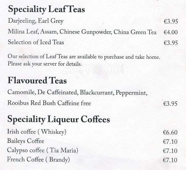 Menu at Writers Lounge pub & bar, Dublin