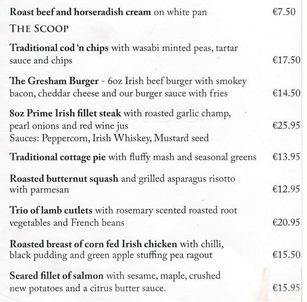 Menu at Writers Lounge pub & bar, Dublin