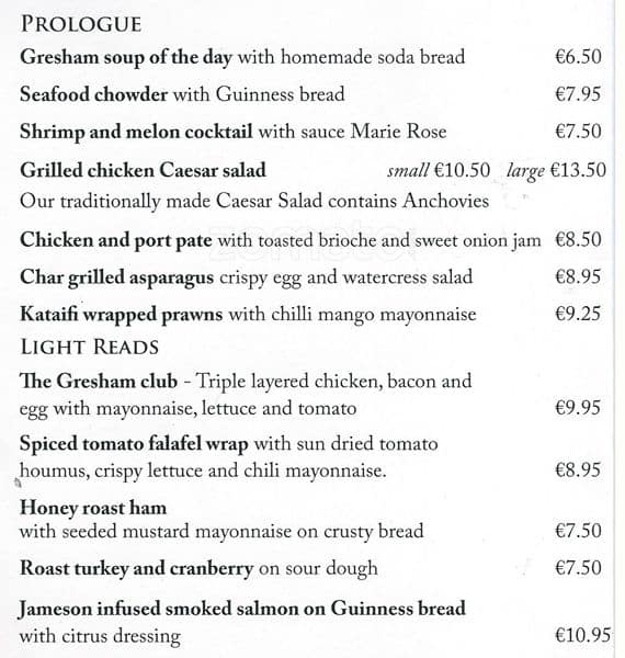 Menu at Writers Lounge pub & bar, Dublin