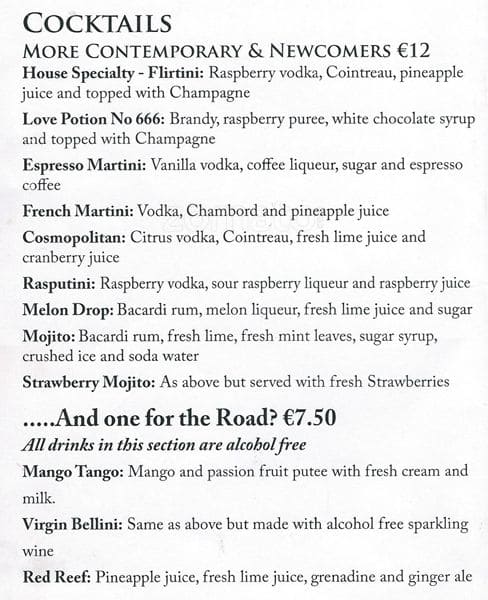 Menu at Writers Lounge pub & bar, Dublin
