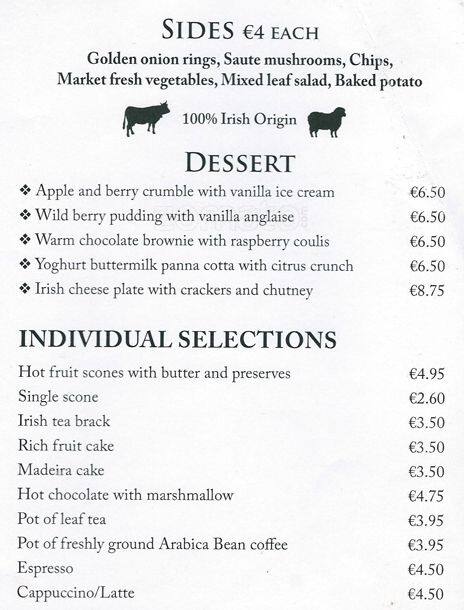 Menu at Writers Lounge pub & bar, Dublin