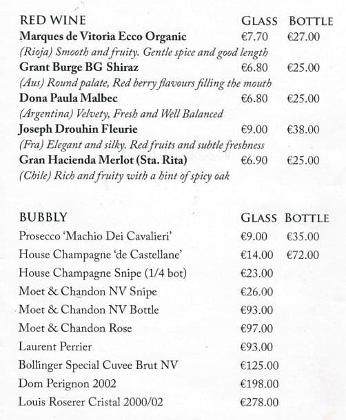 Menu at Writers Lounge pub & bar, Dublin