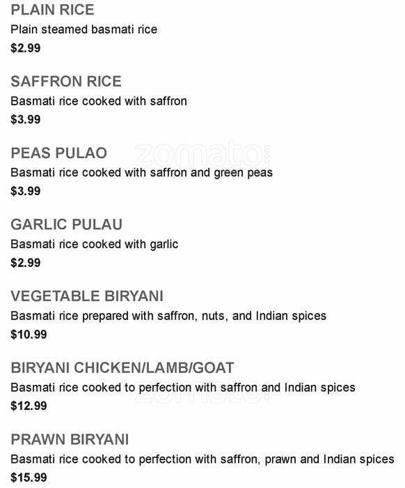 Menu at Bukhara Grill restaurant, Toronto, a Bloor St W
