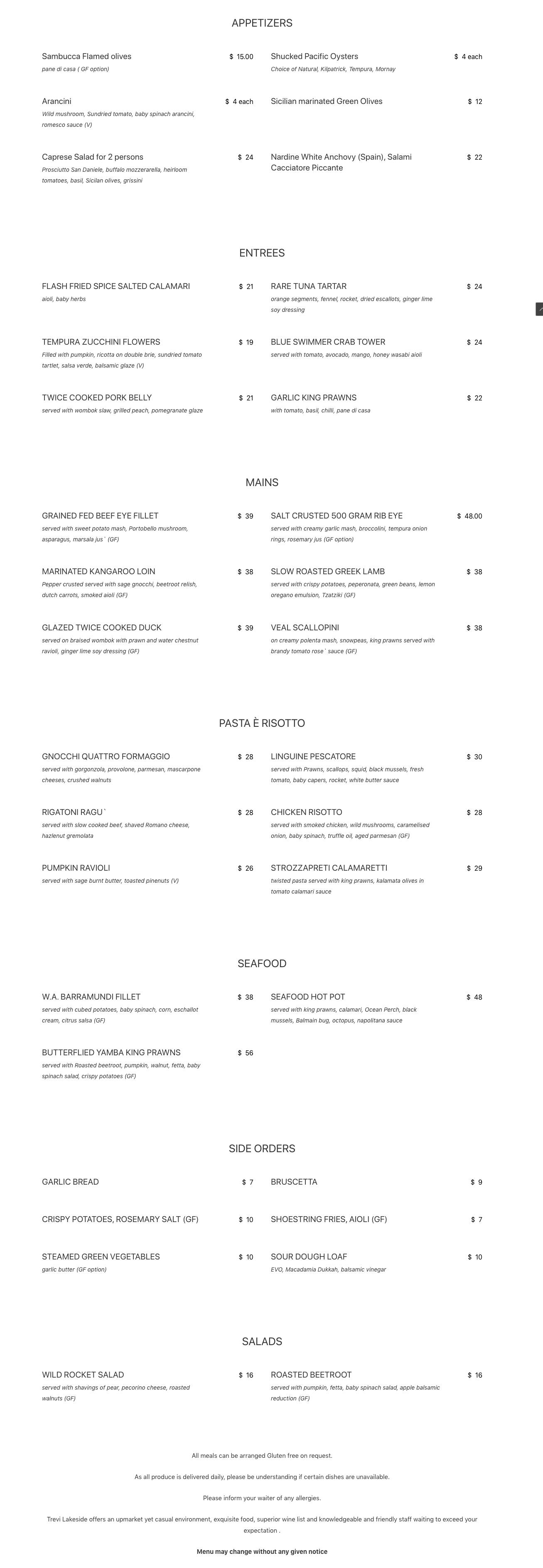 Menu at Trevi Lakeside desserts, Baulkham Hills, Shop 5