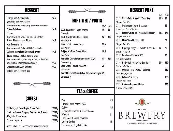 Menu at The Old Brewery & Riverside Brewhouse steakhouse, Perth