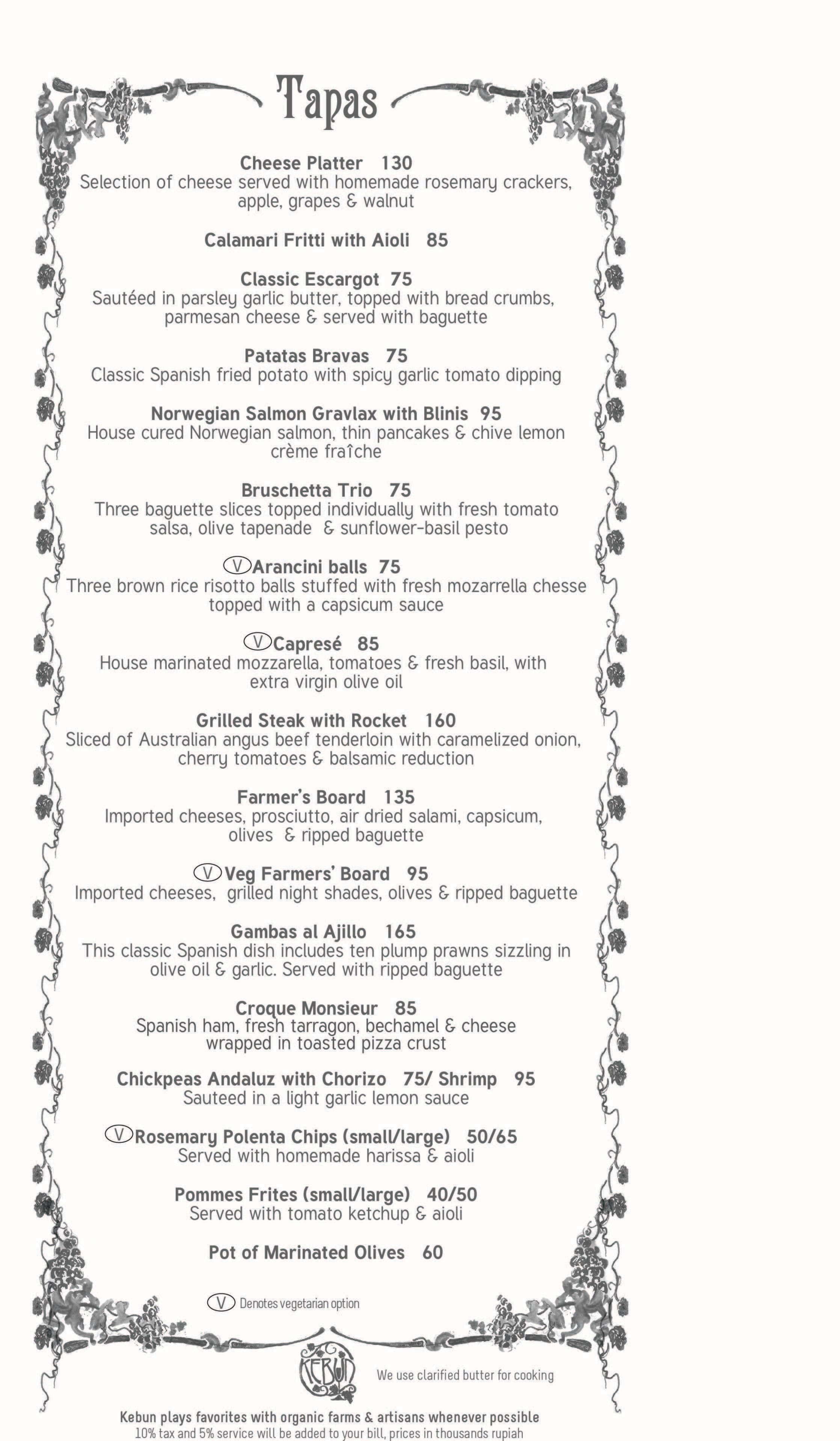 Menu at Kebun Bistro restaurant, Ubud