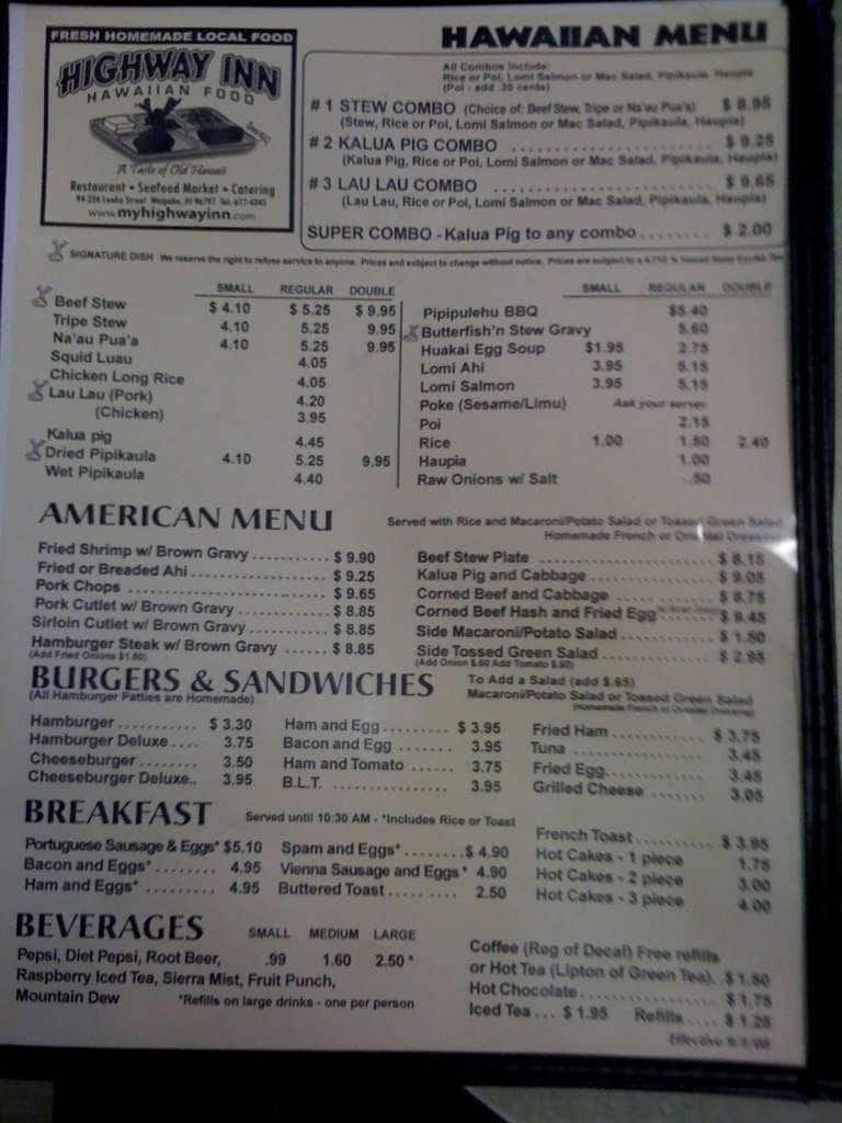 Menu at Highway Inn Restaurant, Catering and Seafood, Waipahu, 94-226 ...