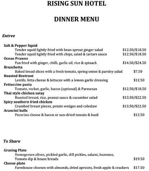 Menu at rising sun hotel pizzeria, Lobethal