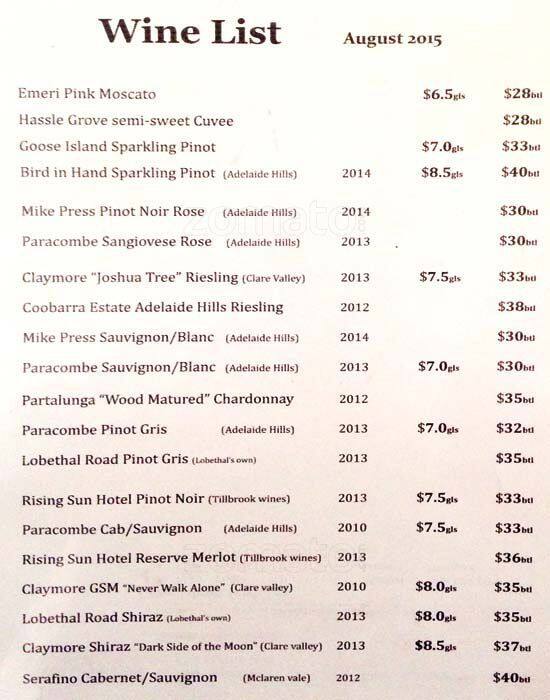 Menu at rising sun hotel pizzeria, Lobethal