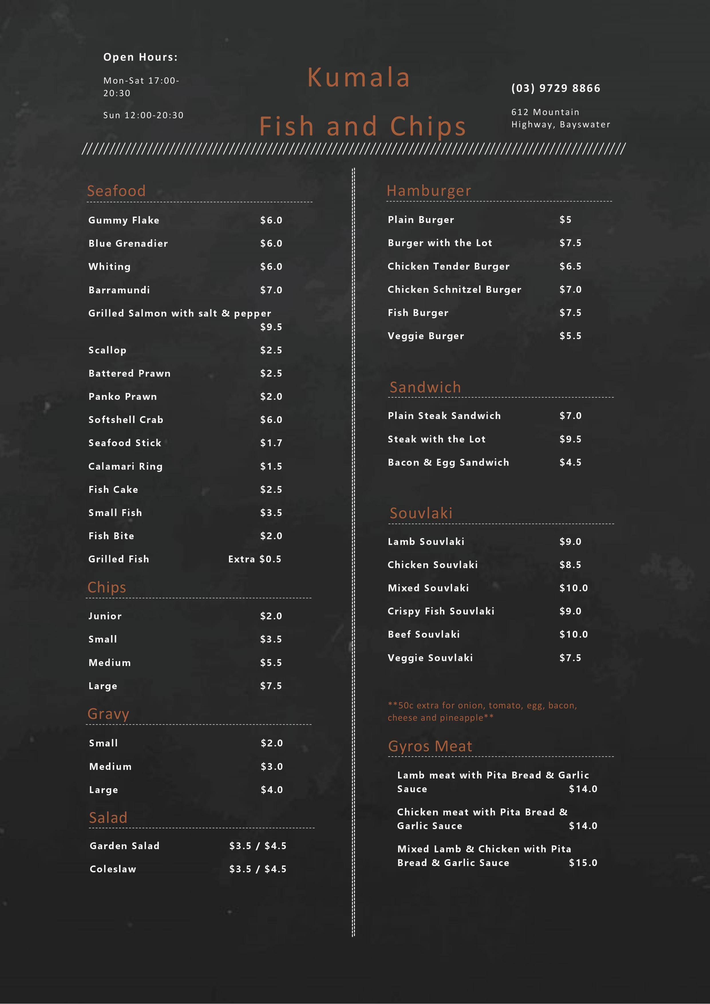 Menu at Bills Fish Shop restaurant, Bayswater