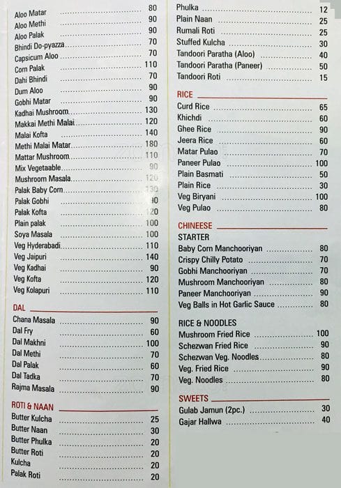 Menu at Rasoi, Bengaluru, 2GHV+CCX