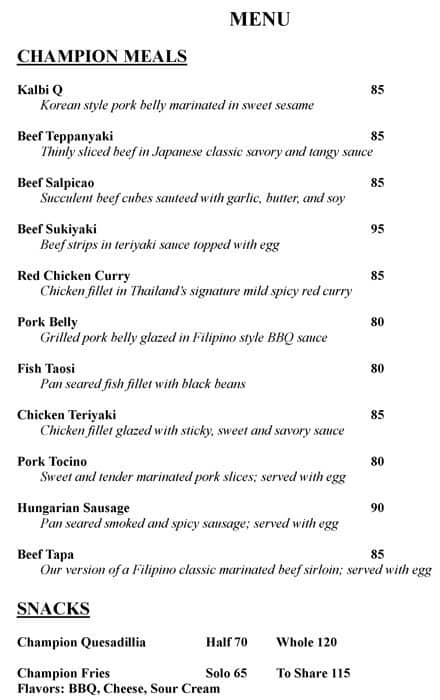 Menu at Ching Chong restaurant, Cebu City