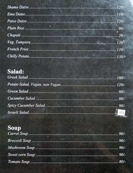 Menu at Shambhala, Dharamshala