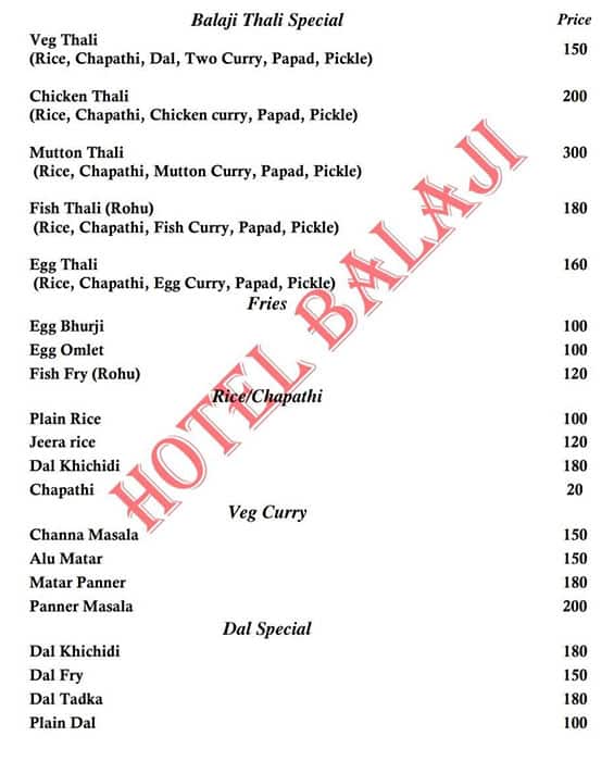 Menu of Hotel Balaji, Kharghar, Navi Mumbai
