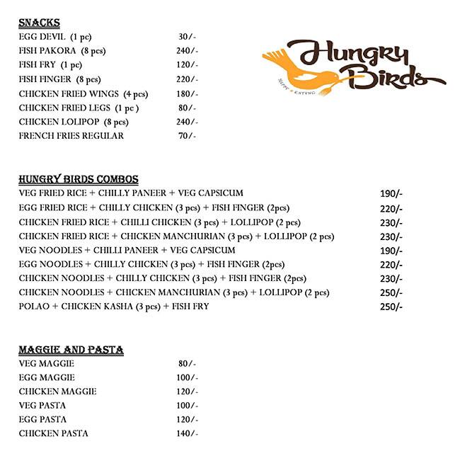 Menu of Hungry Birds, Tollygunge, Kolkata