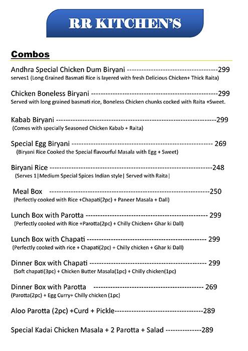 Menu of RR Kitchen's, Bannerghatta Road, Bangalore