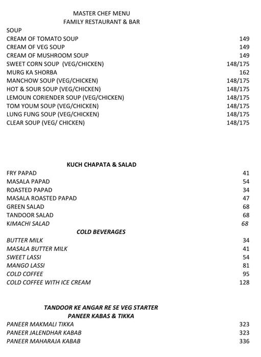Menu of Masterchef Family Restaurant And Bar, Narhe, Pune