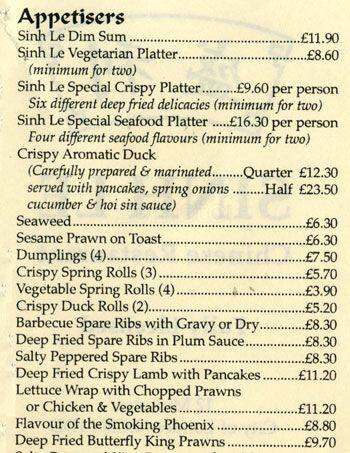 Menu at Sinh Le restaurant, London, 12 Minories