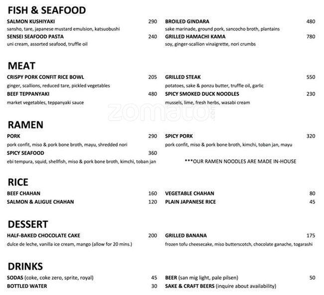 Menu at Sensei restaurant, Parañaque, 181 Aguirre Ave