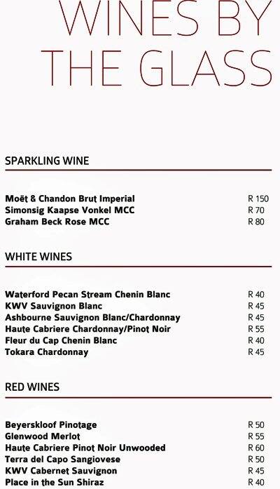 Menu at The Newlands Café restaurant, Cape Town