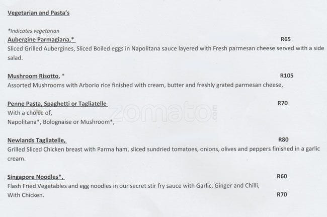 Menu at The Newlands Café restaurant, Cape Town