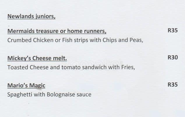 Menu at The Newlands Café restaurant, Cape Town