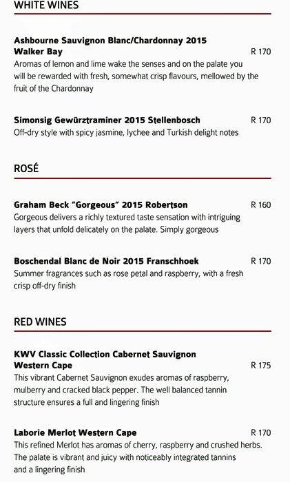 Menu at The Newlands Café restaurant, Cape Town