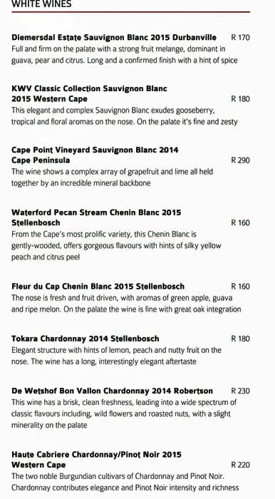 Menu at The Newlands Café restaurant, Cape Town