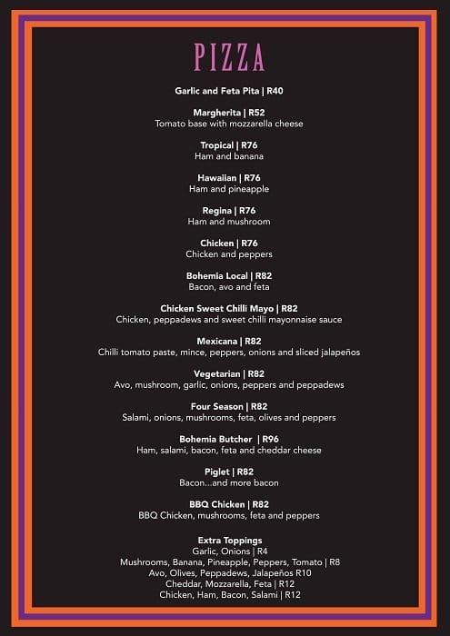Menu at Bohemia pub & bar, Stellenbosch