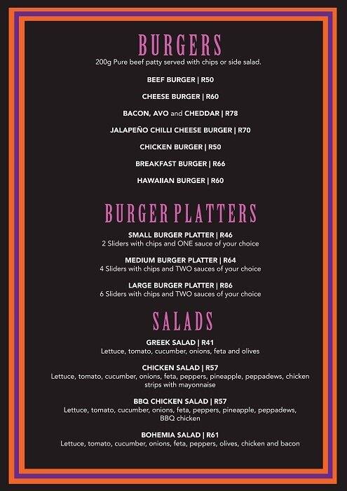 Menu at Bohemia pub & bar, Stellenbosch
