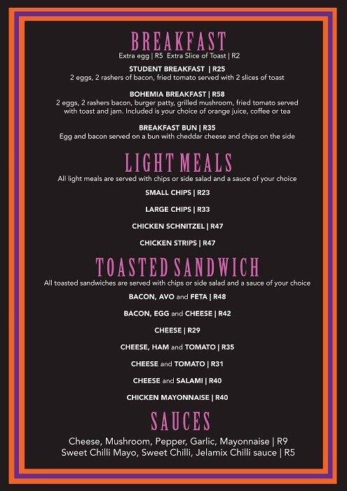 Menu at Bohemia pub & bar, Stellenbosch